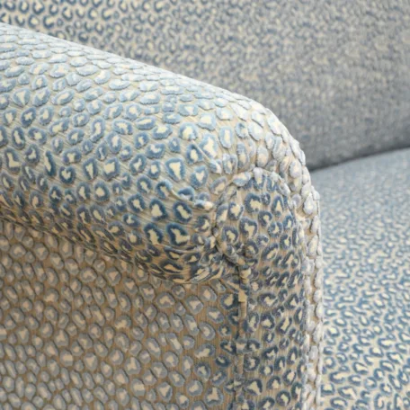 Reupholstered Natural Sofa in a Light Blue Leopard Fabric | Asnew